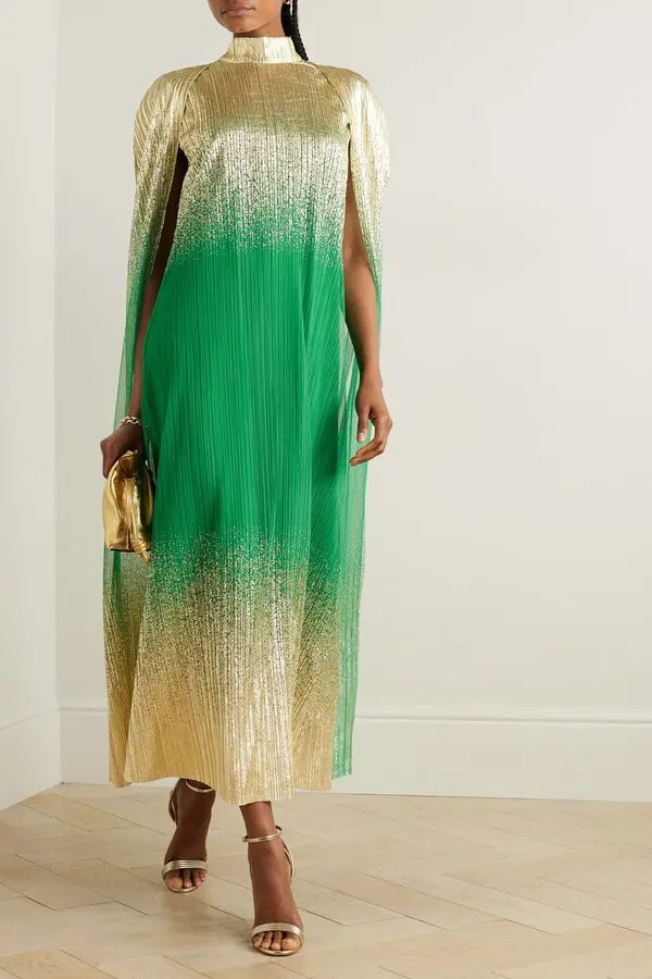 DIMA AYAD Metallic Plissé-tulle Gown And Cape Set - Green