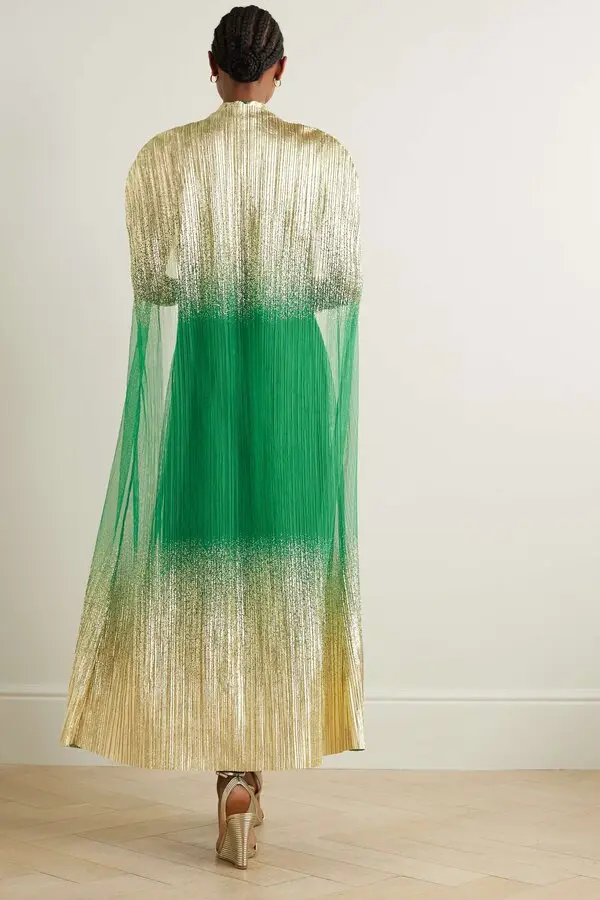 DIMA AYAD Metallic Plissé-tulle Gown And Cape Set - Green
