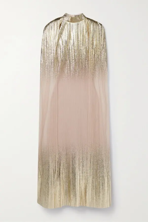 DIMA AYAD Metallic Plissé-tulle Gown And Cape Set - Neutrals