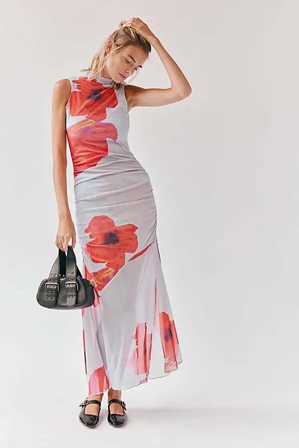 red floral mesh dress Toperth Red Floral Ruffle One-Shoulder Mesh Maxi Dress  Toperth