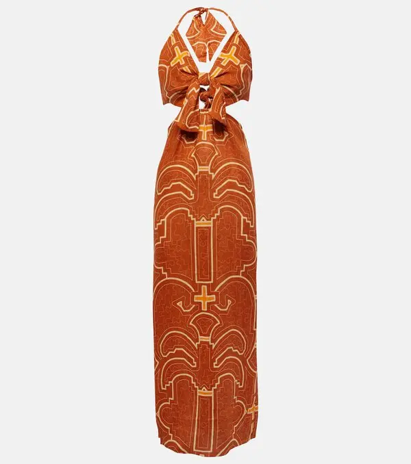 Johanna Ortiz Printed Cutout Linen Maxi Dress - Orange