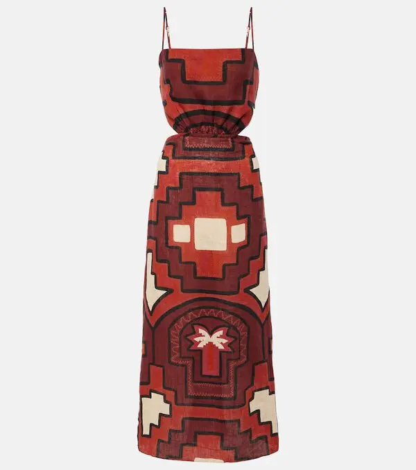 Johanna Ortiz Printed Cutout Linen Midi Dress - Red
