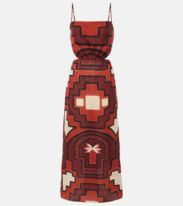Johanna Ortiz Printed Cutout Linen Midi Dress - Red