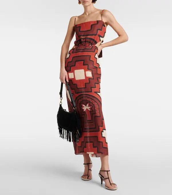 Johanna Ortiz Printed Cutout Linen Midi Dress - Red