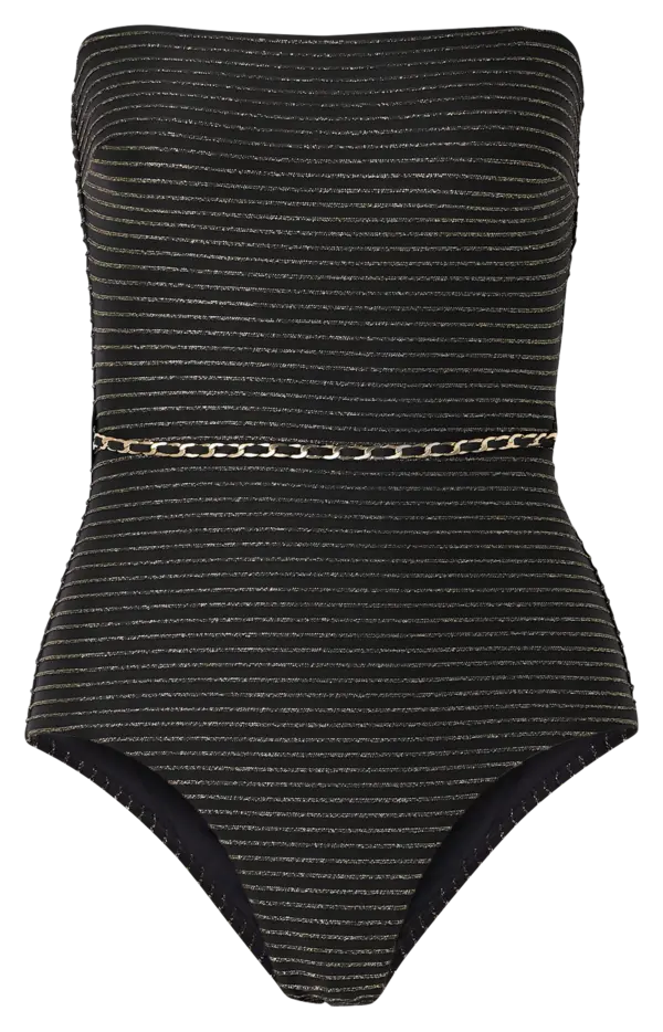 Zimmermann Waverly Strapless Belted Metallic Striped Swimsuit