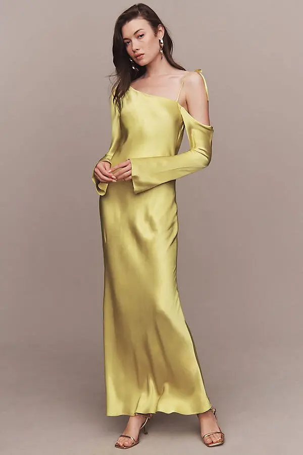 white long sleeve modest dress Modest Simple Solid Elegant White A-Line Satin Maxi Wedding Dress with  Button Back