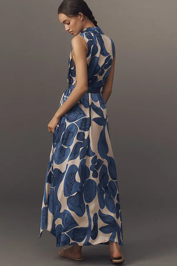 Sleeveless Maxi Shirt Dress - Blue