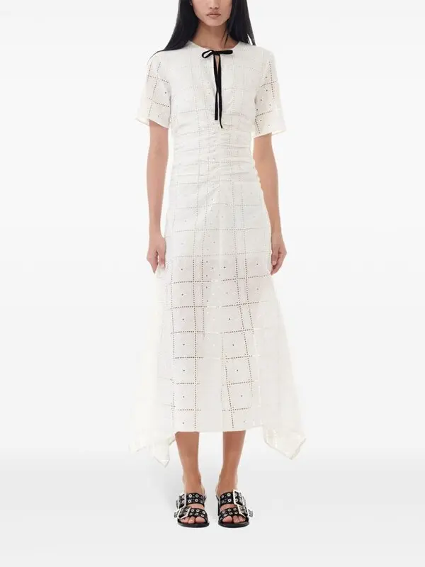 ganni embroidered dress Ganni Ice Blue Eyelet Sun Dress Cotton Embroidered XS EU 34 2 4 Puff Sleeve
