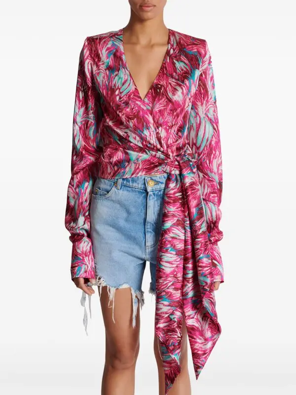 Balmain Feather-print Silk Blouse