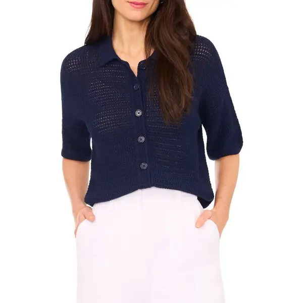 Halogen Open Stitch Button-up Polo Sweater - Classic Navy