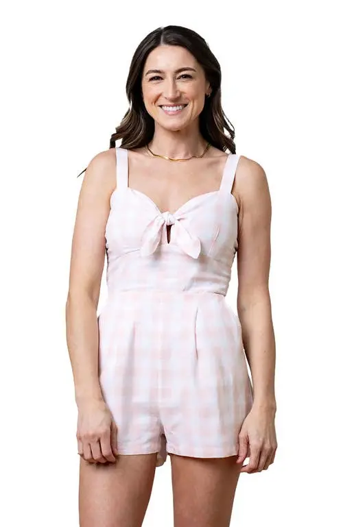 HOPE & HENRY Sleeveless Bow Front Romper - Light Pink Check