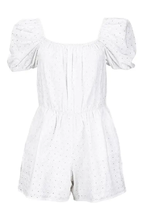 HOPE & HENRY Organic Puff Sleeve Eyelet Romper - White Circle Grid Eyelet