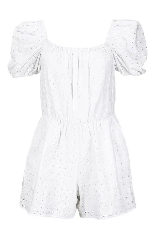 HOPE & HENRY Organic Puff Sleeve Eyelet Romper - White Circle Grid Eyelet