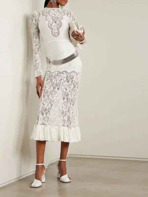 rabanne ruffled satin and lace midi dress Rabanne Pink Lace Midi Dress