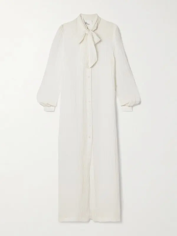 Lisa Marie Fernandez Pussy-bow Crinkled Linen-blend Gauze Maxi Dress - White