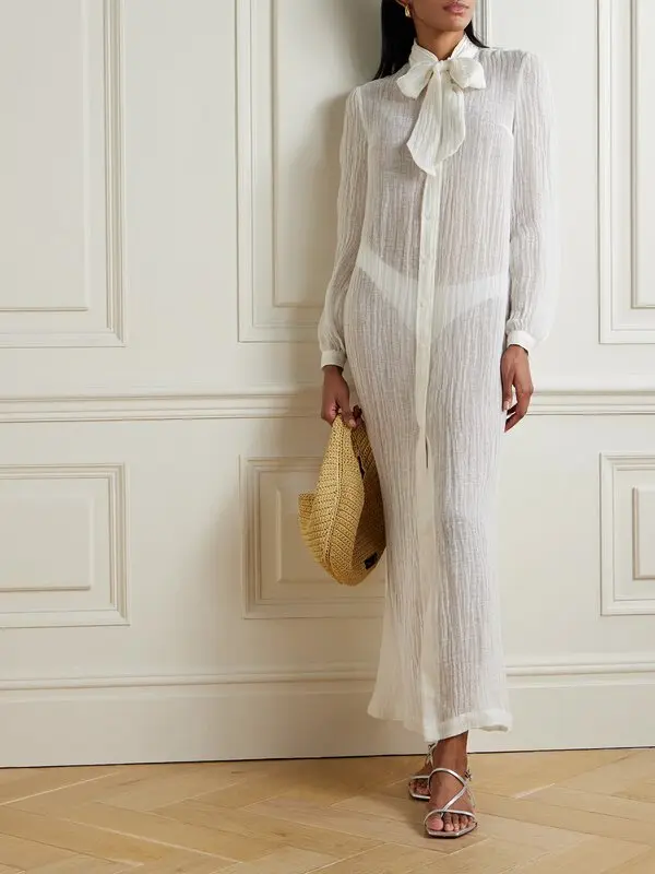 Lisa Marie Fernandez Pussy-Bow Crinkled Linen-Blend Gauze Maxi Dress In  White - 70% Off | Editorialist