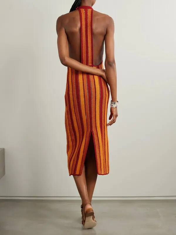 Escvdo Striped Crocheted Cotton Midi Dress