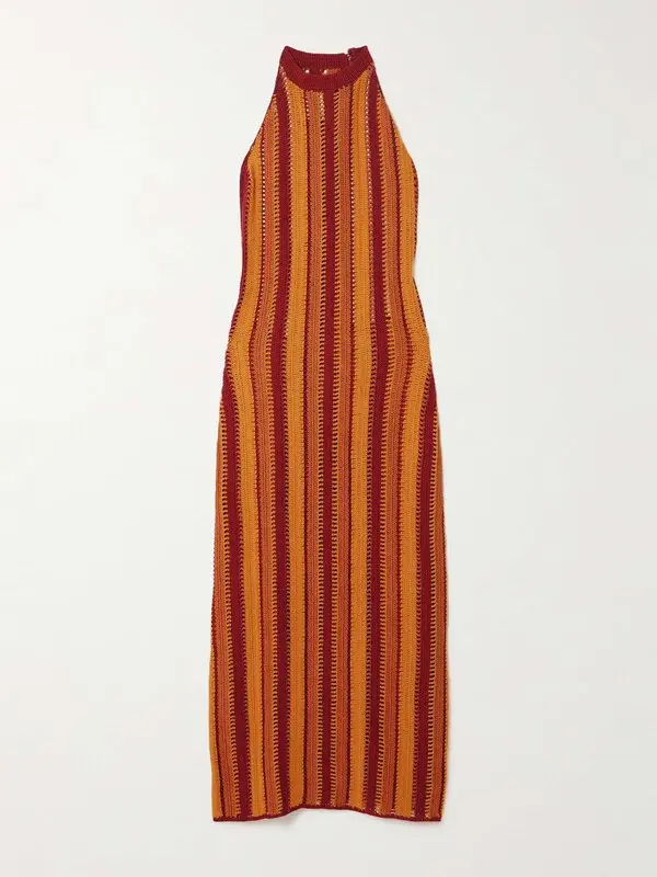 Escvdo Striped Crocheted Cotton Midi Dress