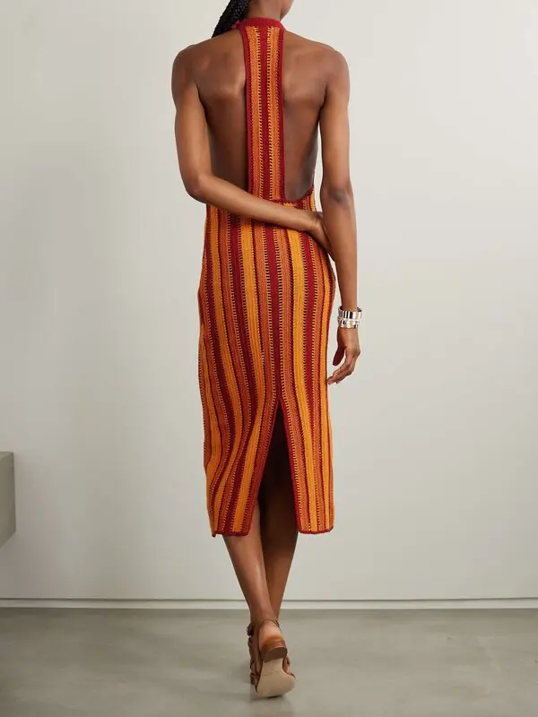 Escvdo Striped Crocheted Cotton Midi Dress
