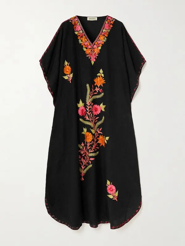 ADMONA Embroidered Crinkled-gauze Kaftan - Black