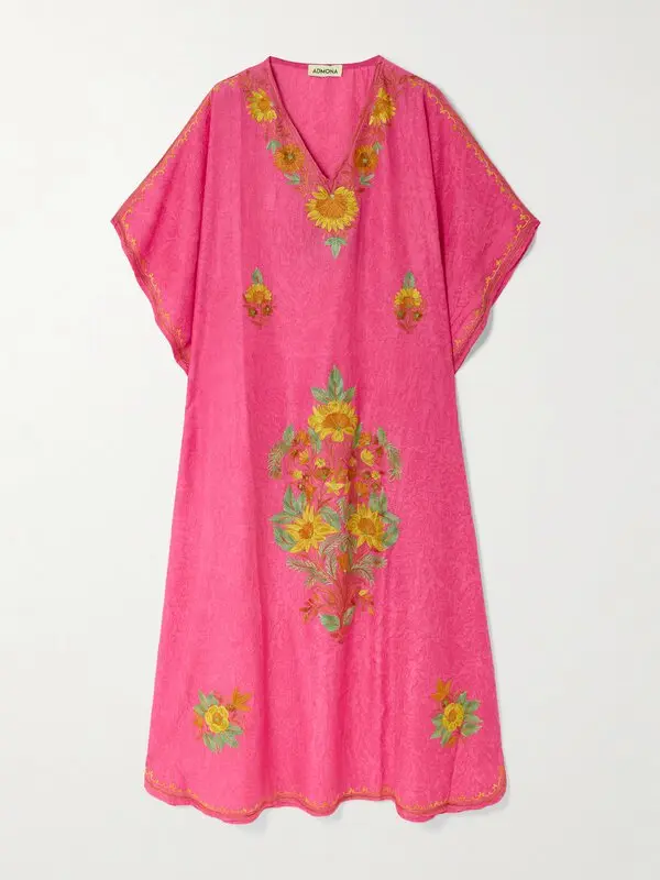 ADMONA Embroidered Crinkled-gauze Kaftan - Pink