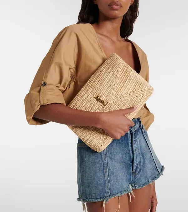 Saint Laurent Cassandre Raffia Pouch - Beige