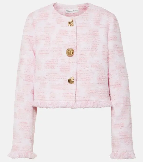 Oscar De La Renta Fringed Cropped Tweed Jacket - Pink