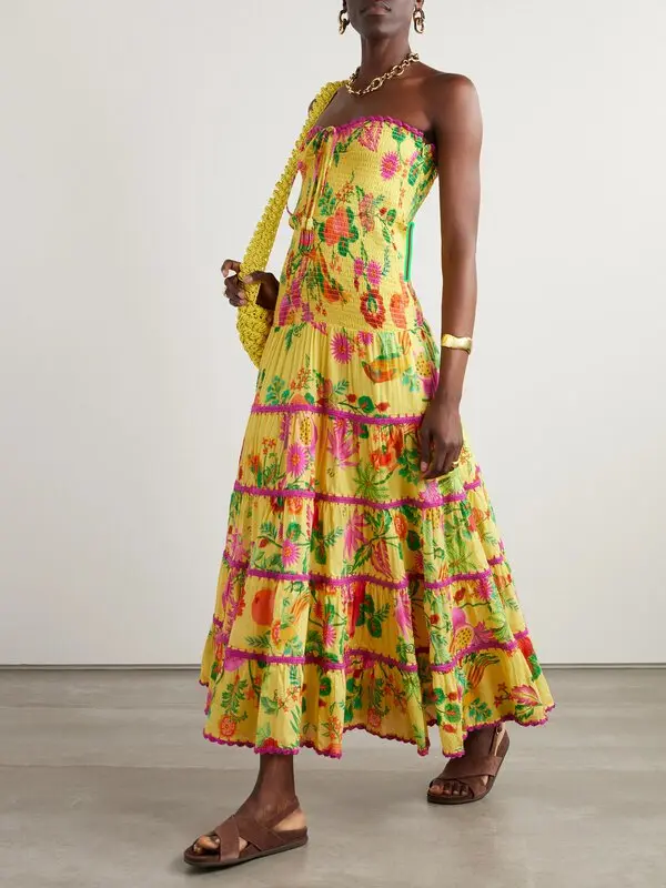Farm Rio Delicate Fruit Garden Knit-Trimmed Tiered Cotton Maxi Dress In  Yellow - 50% Off | Editorialist