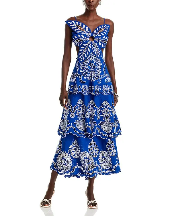 Farm Rio Floral Tiered Midi Dress In Navy Blue - 70% Off