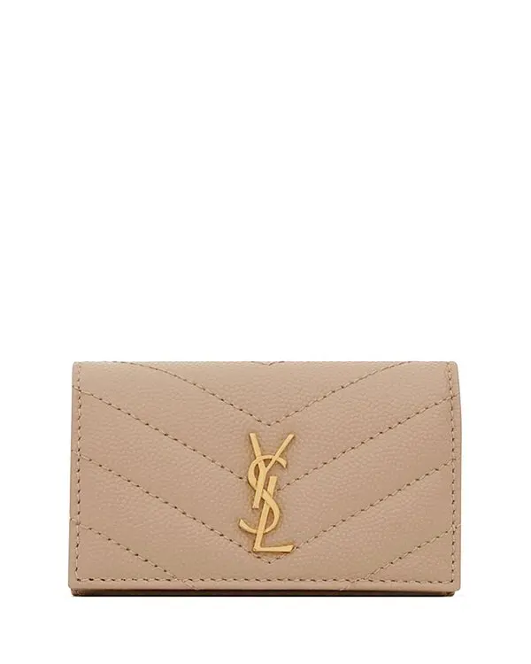 Saint Laurent Cassandre Slim Key Case Wallet - Dark Beige Grain Leather/gold