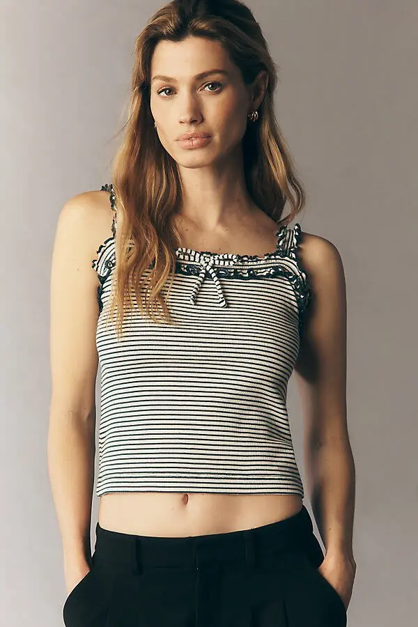 Maeve The Dorrie Ruffled Cami - Dark Green / White Stripe