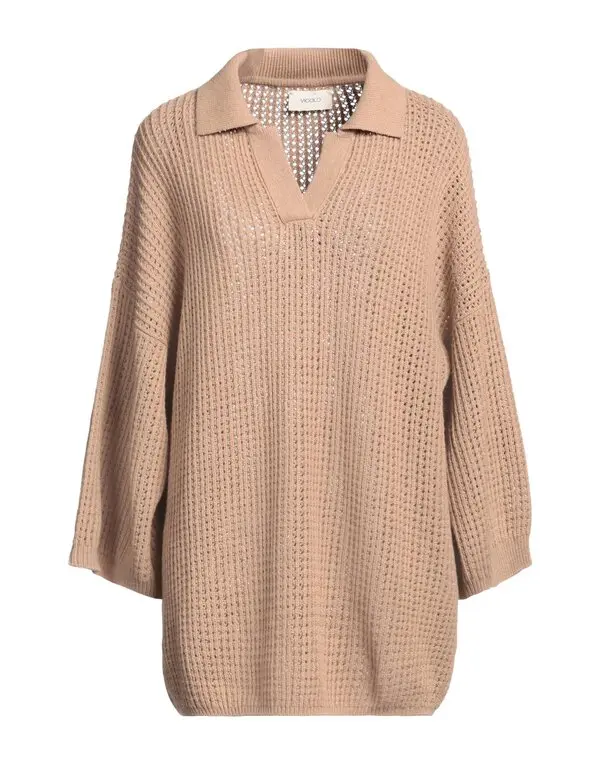 VICOLO Knitted Sweater With Camp Collar - Beige