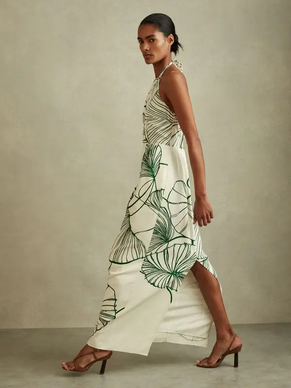 Reiss - White/green Floral Sketch Halter Neck Maxi Dress, 4