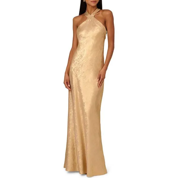 Adrianna Papell Foiled Trumpet Gown - Light Gold
