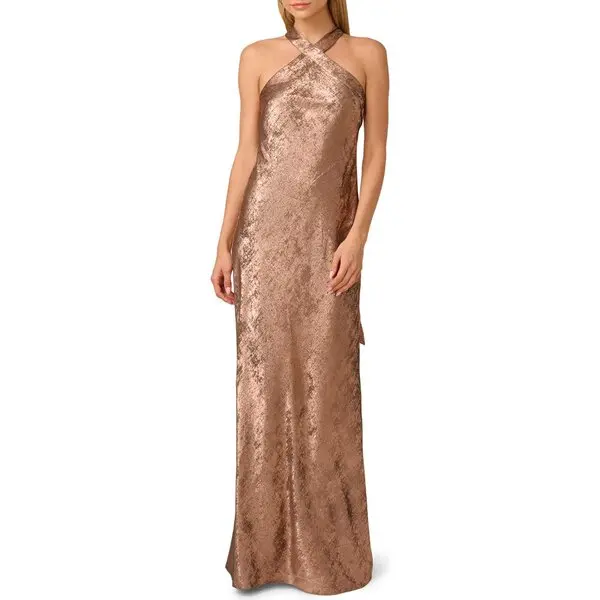 Adrianna Papell Foiled Trumpet Gown - Mocha