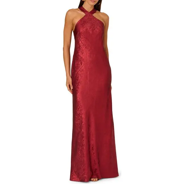 Adrianna Papell Foiled Trumpet Gown - Wine