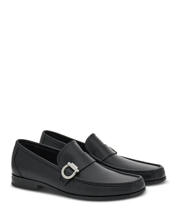 FERRAGAMO Caspian Gancio Leather Loafers - Black