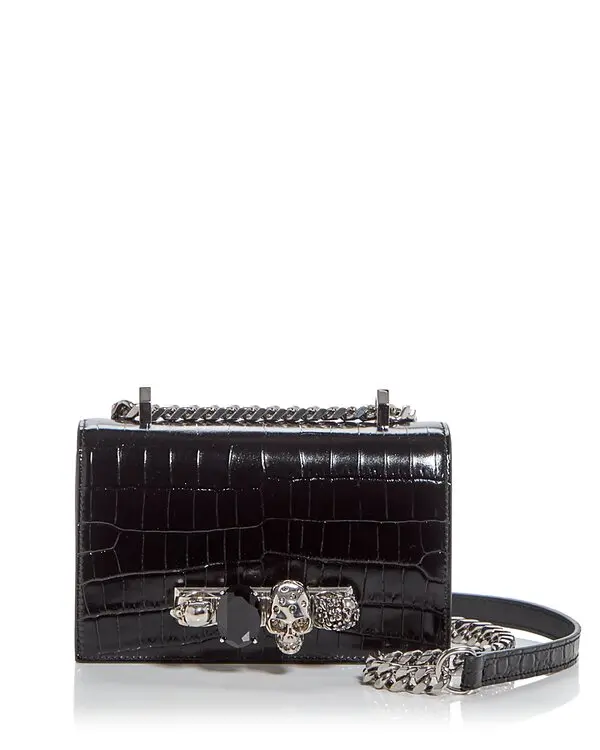 Alexander McQueen Mini Jewelled Croc Embossed Leather Shoulder Bag - Black/silver