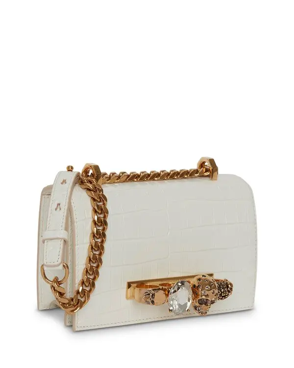 Alexander McQueen Mini Jewelled Croc Embossed Leather Shoulder Bag - Ivory/gold