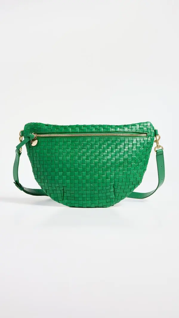 Clare V. Grande Fanny Pack In Woven Leather - Grass Woven Checker