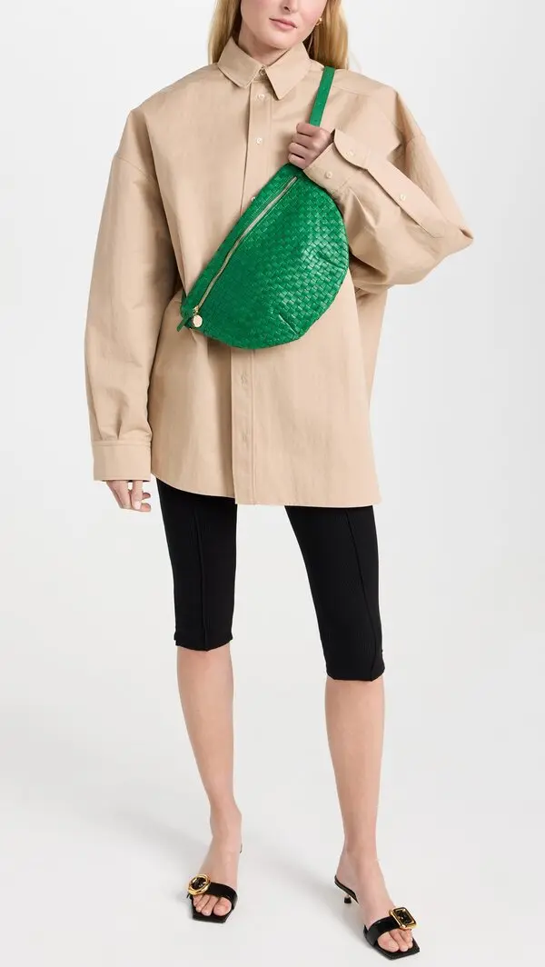 Clare V. Grande Fanny Pack In Woven Leather - Grass Woven Checker