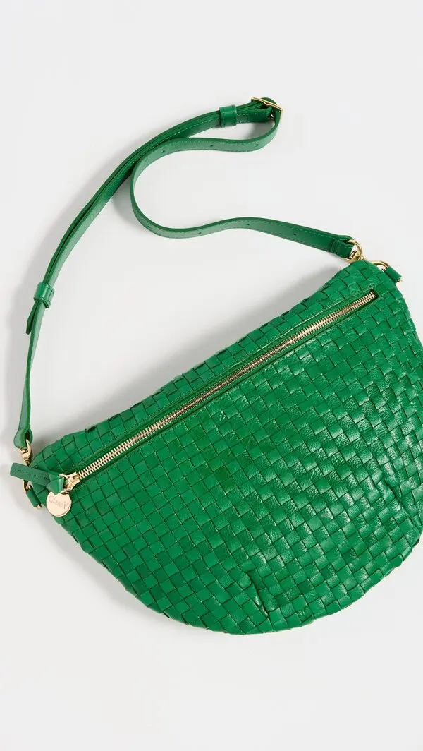 Clare V. Grande Fanny Pack In Woven Leather - Grass Woven Checker