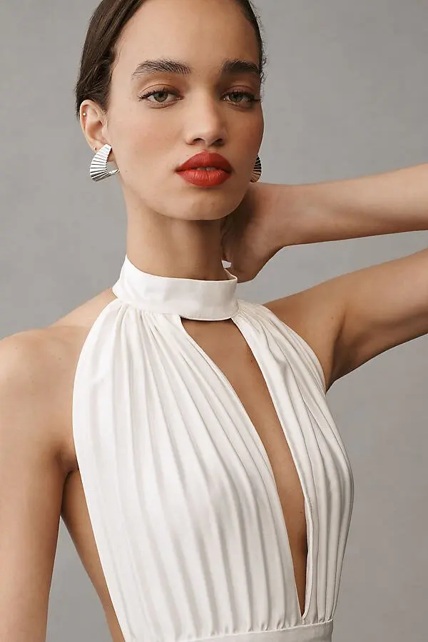 L'Idee Chateau Halter Front-Cutout Pleated Midi Dress - Ivory | Editorialist