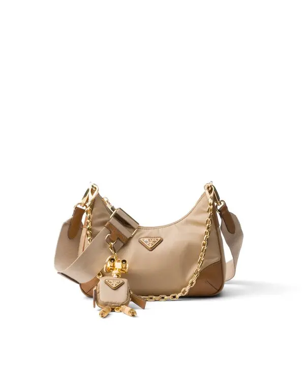 Prada Re-nylon And Saffiano Leather Bag With Charm - Brown