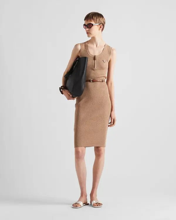 prada ribbed dress Cocoa Brown Ribbed Knit Cotton Dress | PRADA