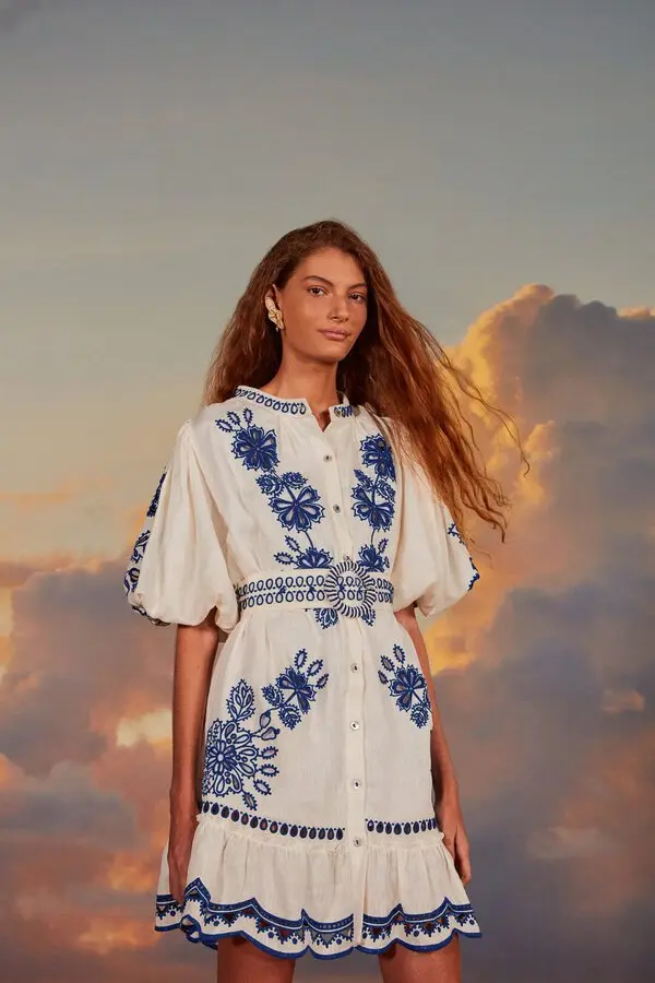 Farm Rio Richelieu Euroflax Premium Linen Mini Dress - White | Editorialist