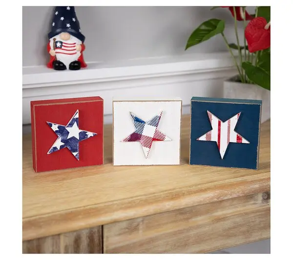 NORTHLIGHT Set Of 3 Stars And Stripes Americana Wooden Plaques - One-color