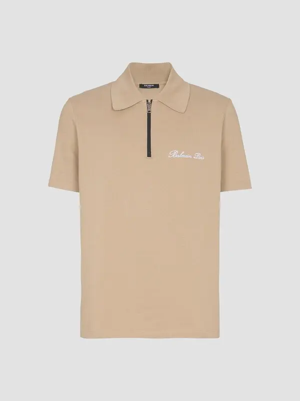 Balmain Logo-embroidered Cotton Quarter-zip Polo Shirt - Camel Blanc