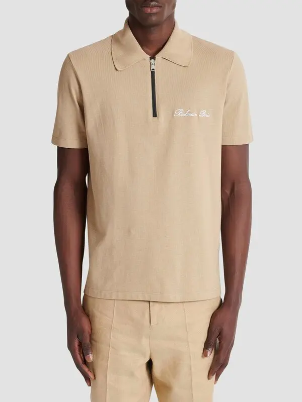 Balmain Logo-embroidered Cotton Quarter-zip Polo Shirt - Camel Blanc