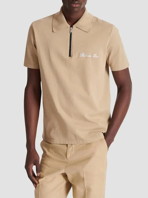 Balmain Logo-embroidered Cotton Quarter-zip Polo Shirt - Camel Blanc
